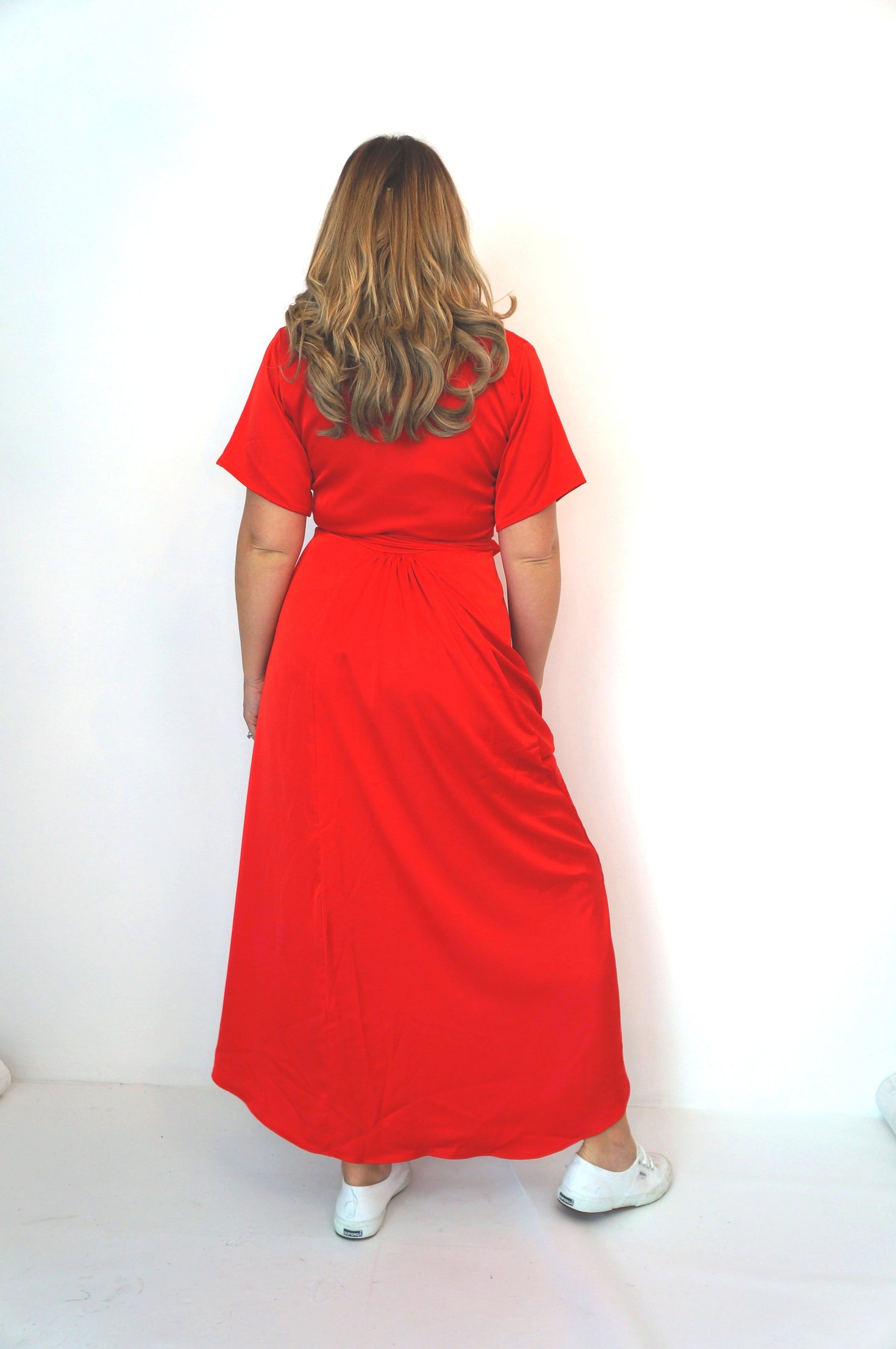 The Maxi Wrap Dress - Mac Red Satin – NEON STAR