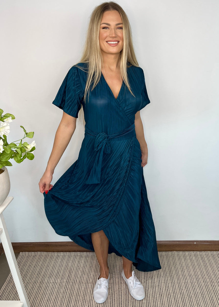 The Pleated Wrap Dress - Teal Pleats – NEON STAR